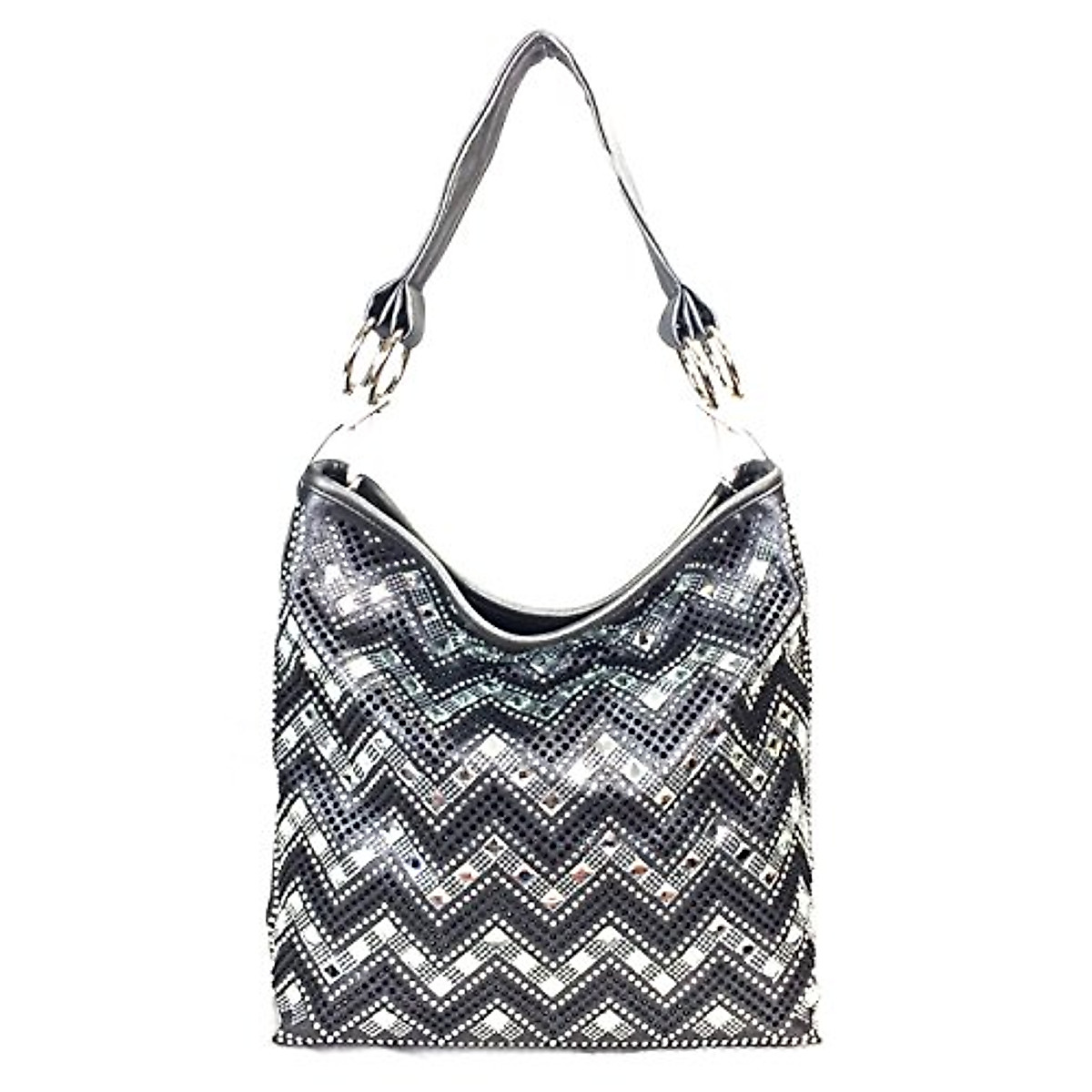 Zzfab Sparkle Gem Chevron Rhinestone Hobo Bag with Extra Shoulder Strap -Dark Pewter