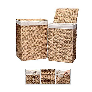 Handmade Wicker Laundry Hampers - Set of 2 Water Hyacinth Storage Baskets with Integrated Handles, Removable Liners, and Lids by Villacera (Natural)