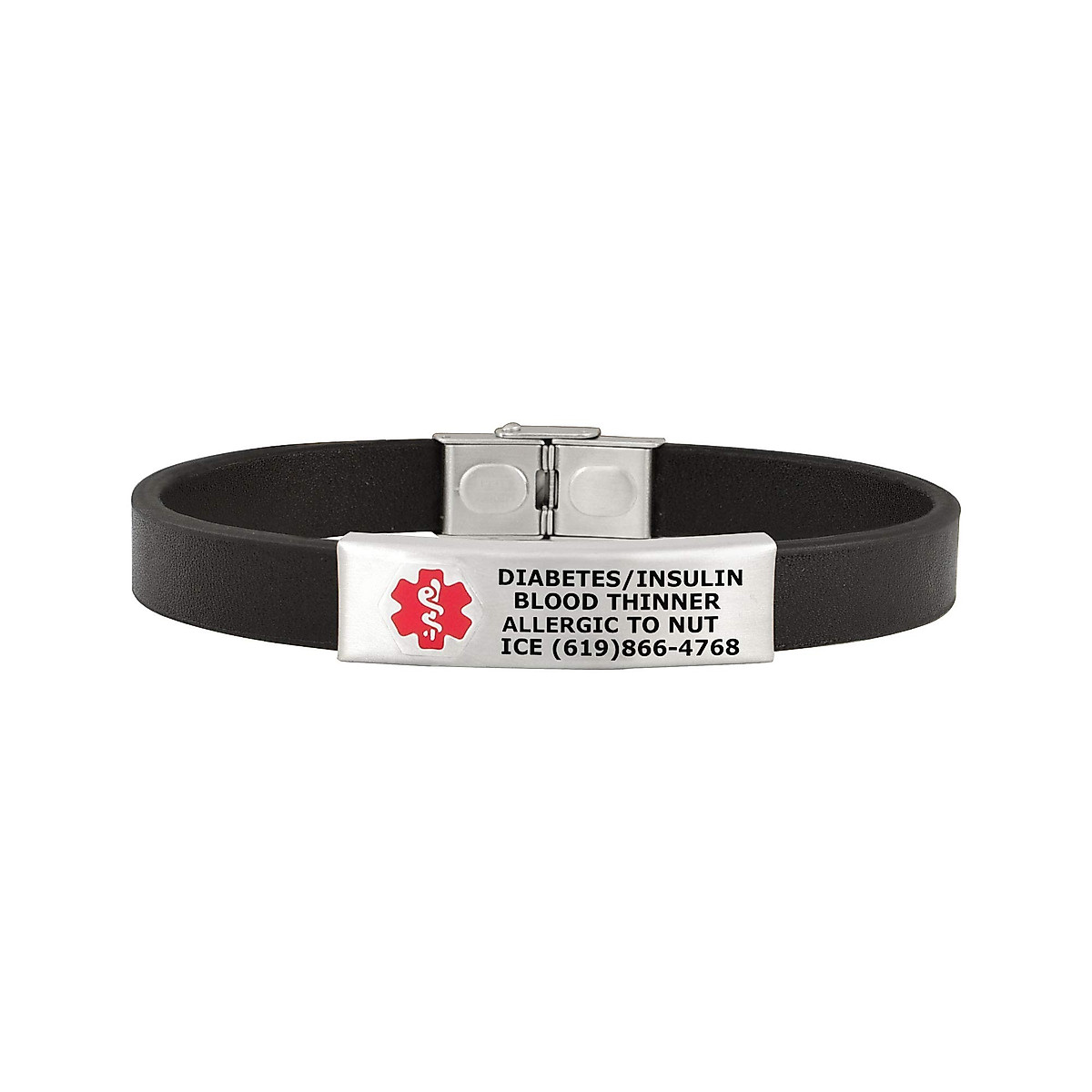 Divoti Deep Custom Laser Engraved Leather Medical Bracelet - Adjustable Medical Alert Bracelet w/Red Caduceus, Free Engraving (fits up to 8.5") & Black Genuine Leather Options