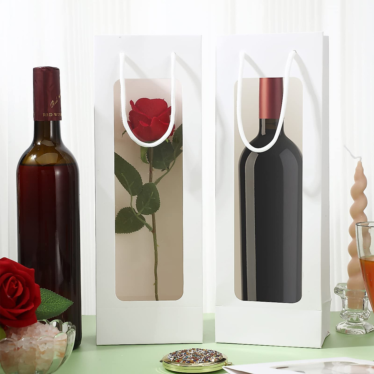 50 Pcs Wine Gift Bag with Window 4.9" x 3.6" x 14.2" Kraft Paper Wine Bags with Windows Kraft Paper Flower Wrapping Bag Transparent Window Bags for Valentine's Day Birthday Wedding Party Gift (White)