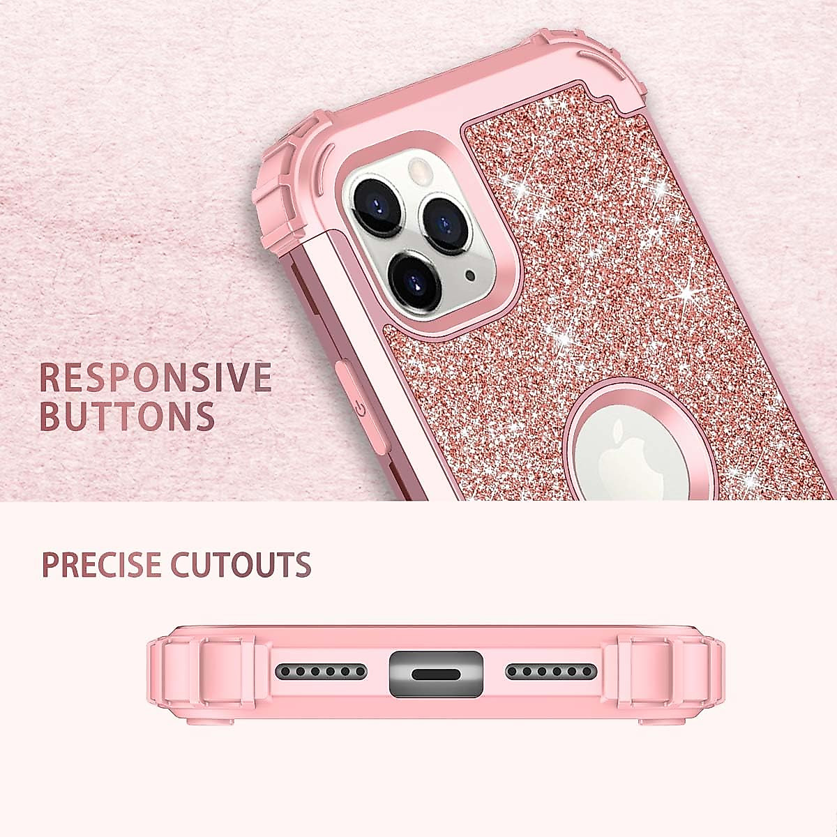 LONTECT for iPhone 11 Pro Max Case Glitter Sparkly Bling 3 in 1 Shockproof Heavy Duty Full Body Sturdy Protective Case for Apple iPhone 11 Pro Max with 2 Screen Protector+2 Camera Protector,Rose Gold