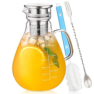 Glass Pitcher with Lid & Removable Fruit Infuser Filter, 105.6OZ Glass Fruit Infuser Water Pitcher with Precise Scale Line & Mix Spoon, HOUSALE 18/8 Stainless Steel Lid Iced Tea Pitcher Easy to Clean