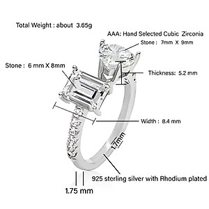 通用 Eternity Rhodium Plated Solid Silver Two Stone Engagement Ring 3ct Pear and 3ct Emerald Shape Zircon Open Adjustable Wedding Anniversary Ring (Silver, 7)