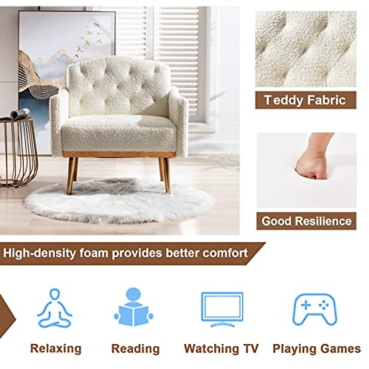 KINFFICT Modern Accent Chair, Upholstered Single Sofa Arm Chair for Living Room and Bedroom, Comfy Armchair with Solid Tapered Metal Legs, White