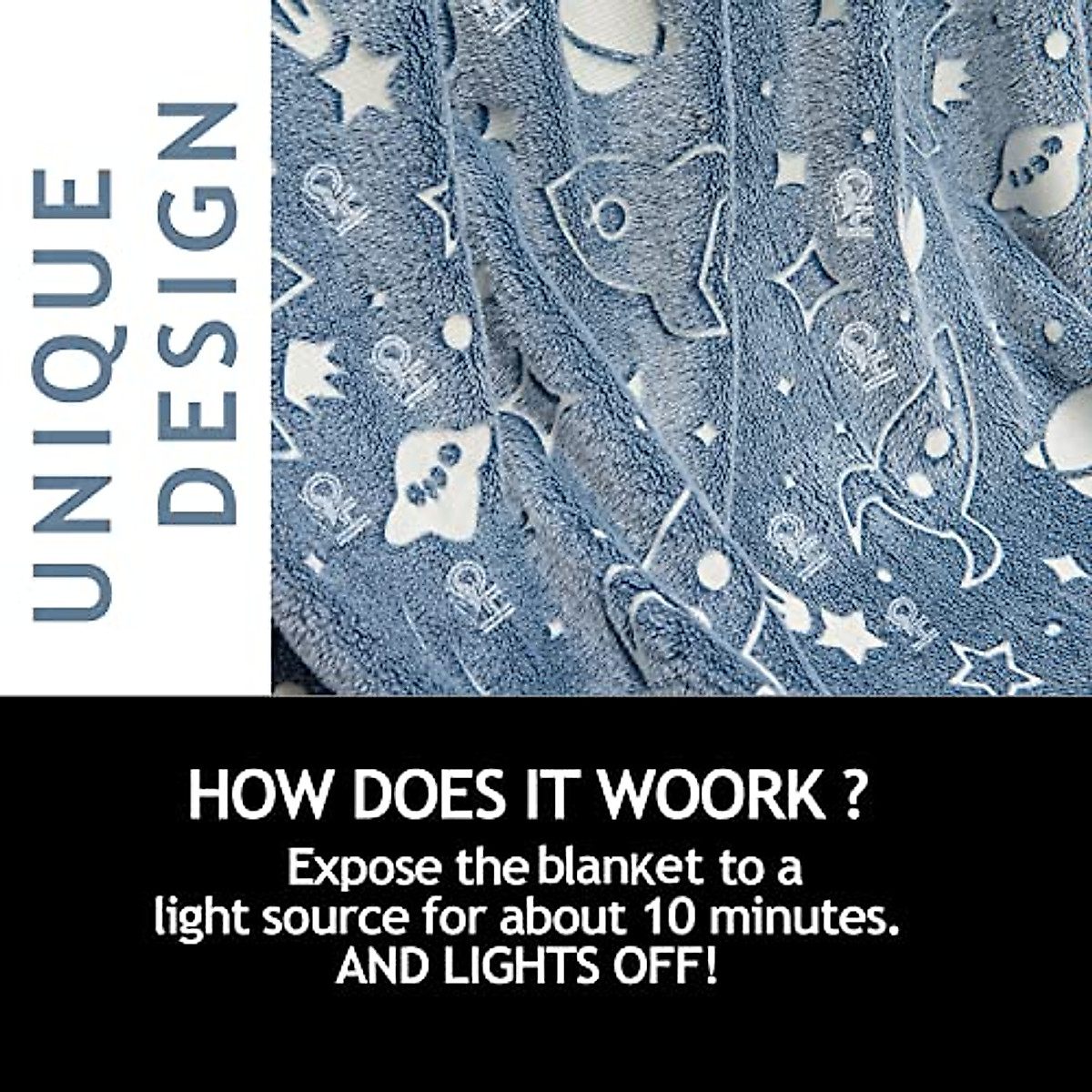 QH Space & Rocket Pattern Glow in The Dark Throw Blanket Luminous Unicorns Blanket-Fun, Cozy Fleece Throw Blanket Made for Great Gifts 60in x 50in