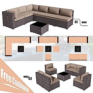Piltwoff 7 Pieces Wicker Patio Conversation Sets,Modern Outdoor Sectional Furniture Patio Sets All-Weather for Backyard, Balcony(Brown)