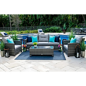 Bari 14-Piece Resin Wicker Combination Outdoor Patio Furniture Set (L) in Mixed Gray w/Sofa Set, Six-Seat Dining Set, and Chaise Lounge Set