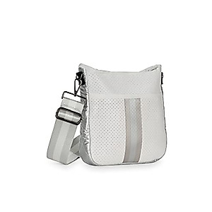 Jeri Vapor Crossbody Tote by Haute Shore, White Coated W/Silver & Rosegold Stripe