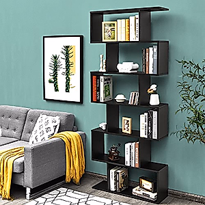 Tangkula 6 Tier S Shaped Bookshelf, 31.5''L x 9''W x 75''H, Wooden Bookcase and Bookshelves w/Anti-Toppling Device, Room Divider Display Shelves for Living Room, Home Decor, 6 Shelf Bookshelf