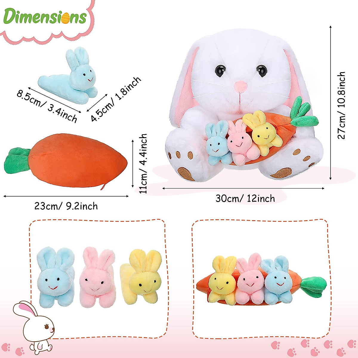 Easter Bunny Stuffed Animals with 3 Bunnies in a Carrot Rabbit Decor 10 Inches Easter Rabbit Plush Soft Cute Bunny Plush Toys Desktop Decoration for Boys and Girls Holiday Birthday Gift(Bunny)