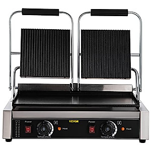 Happybuy Commercial Sandwich Panini Press Grill,110V 2x1800W Double Up Grooved and Down Flat Plates Electric Stainless Steel Sandwich Maker,Temperature Control 122°F-572°F for Hamburgers Steaks Bacons
