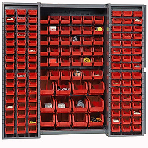 Global Industrial Bin Cabinet with 144 Red Bins, 38x24x72, Assembled