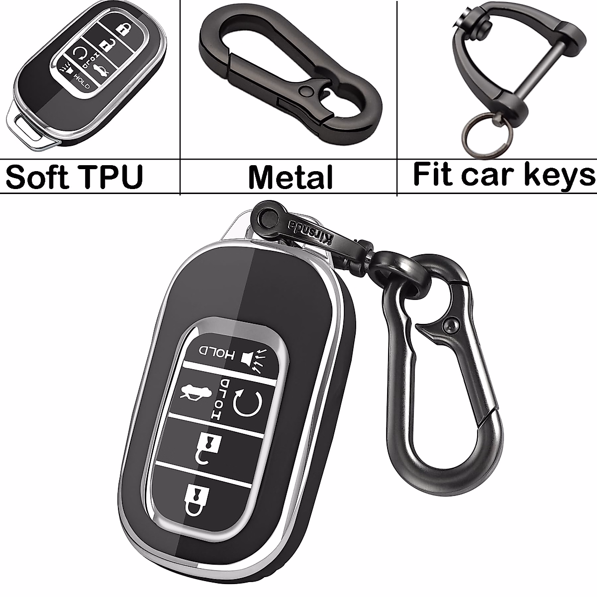 Kirsnda for Honda key fob cover,case with keychain,Soft TPU Protection key Shell/skin,5 Buttons fit 2022 2023 Accord Civic HR-V CR-V Pilot Remote Key(black)