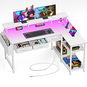 Seventable L Shaped Desk with Storage Drawers, 47 inch Gaming Desk with Shelves, Small Computer Desk with Power Outlets & LED Lights, Home Office Corner Desk with Monitor Stand for Bedroom, White