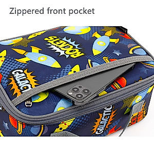 FlowFly Kids Lunch box Insulated Soft Bag Mini Cooler Back to School Thermal Meal Tote Kit for Girls, Boys, Outer Space Rocket Ships in Dark Navy Blue