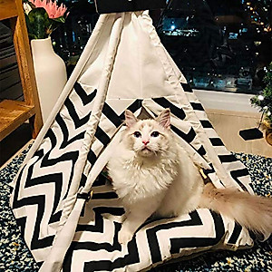 Pet Teepee Tent for Dogs Puppy Cat Bed White Canvas Dog Cute House Pet Teepee with Cushion 24inch Indoor Outdoor (White&Black)