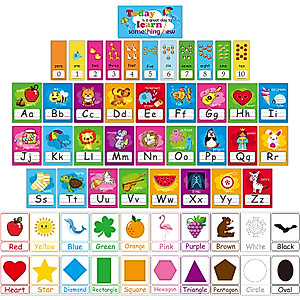 58 Pieces Educational Preschool Cards Kids Early Learning Poster Alphabet Number Colors and Shapes Bulletin Board Decoration Kindergarten Classroom Learning Card with Glue Point Dot (Rich Style)