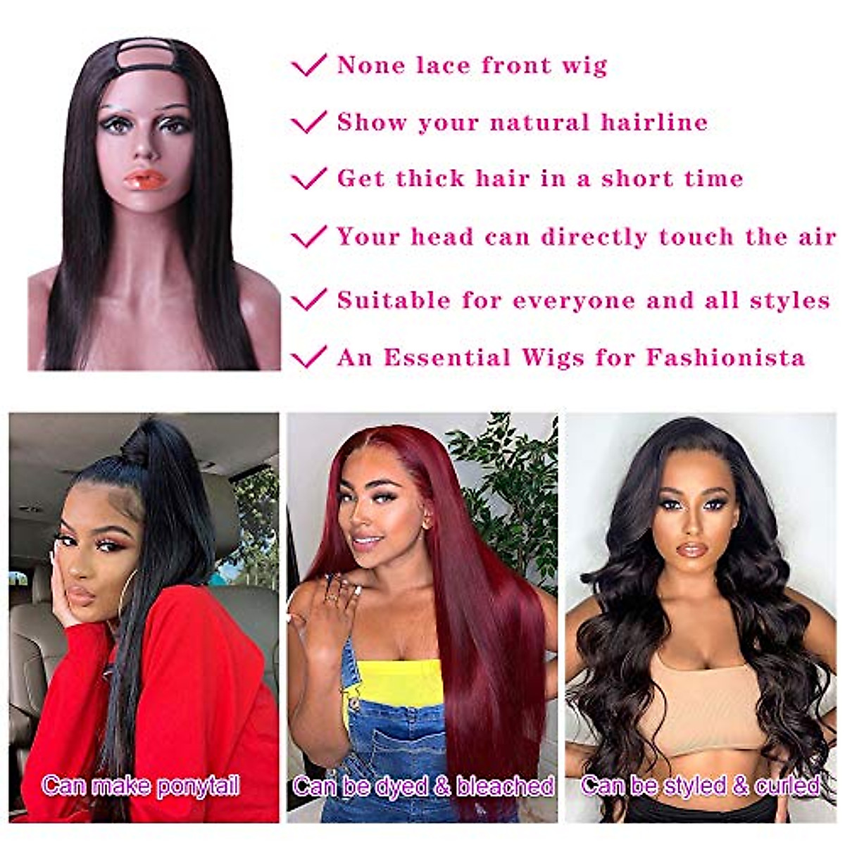 CanaryFly U Part Wigs Human Hair Wigs For Black Women Brazilian Straight Human Hair Wigs None Lace Front Wigs Glueless Natural Color U-part Wigs Hair Extension Clip(26inch, U-Part wig)