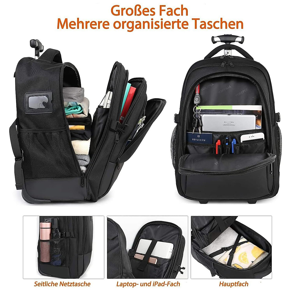 Backpack with Wheels, Large Rolling Backpack for Men Women, Water Resistant Business Travel Carry on Wheeled Backpack Bag, Durable Roller College School Computer Bookbag Fits 15.6 Inch Laptop, Black