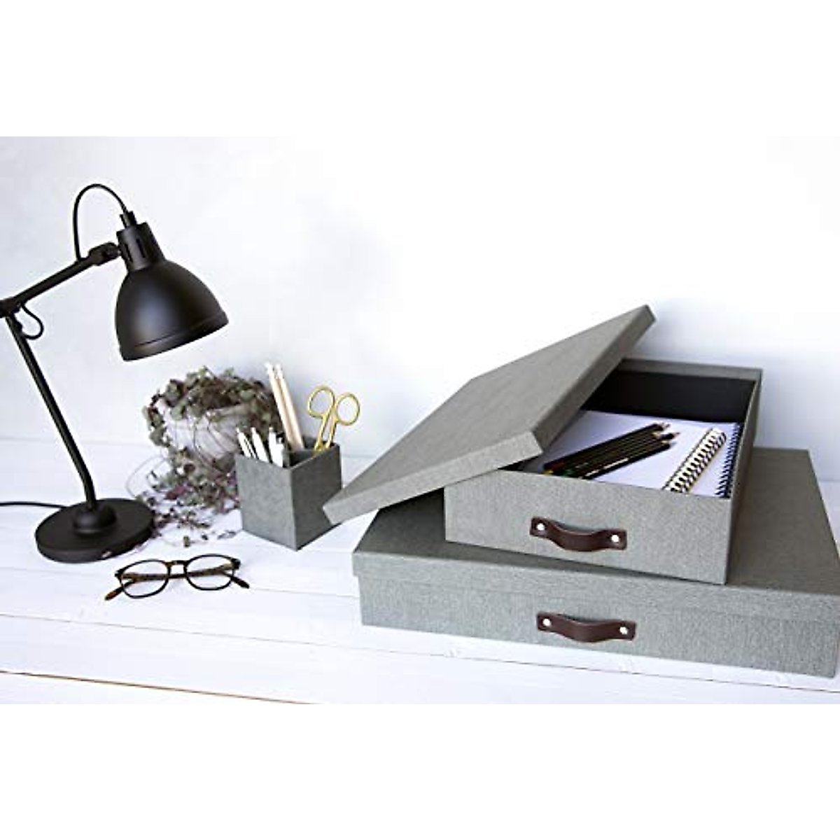 Bigso Sverker Canvas Fiberboard Legal and Art Storage Box | Scrapbook Storage Box for Loose Papers and More | Durable Document Boxes with Lid and Leather Handle | 17.1’’ x 12.2’’ x 3.3’’ | Grey