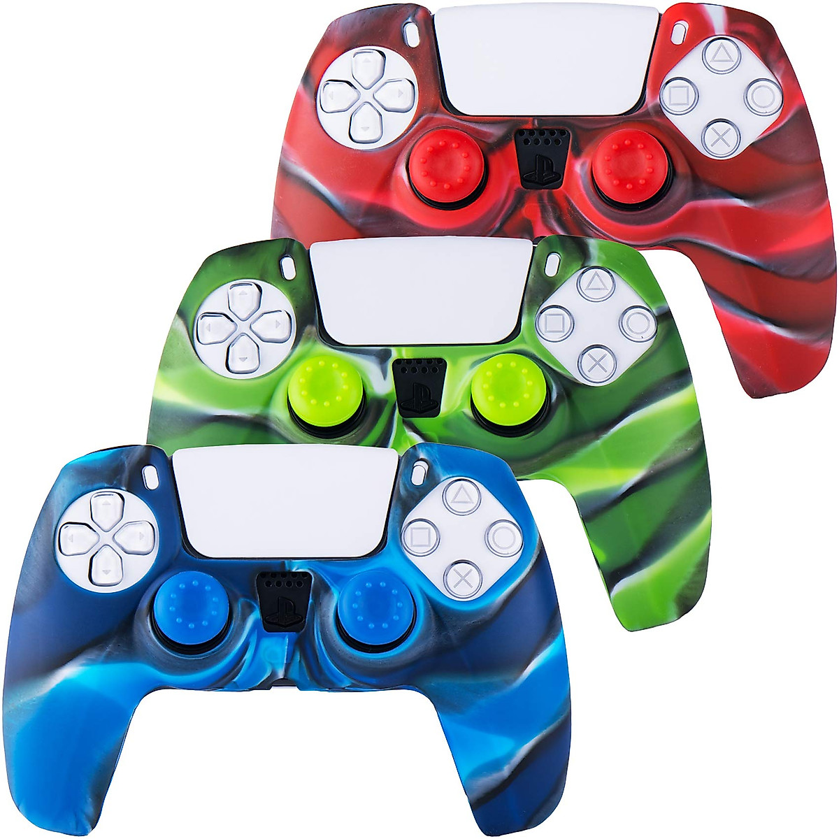 YoRHa Silicone Rubber Gel Customizing Skin Cover for PS5 Controller(Camouflage Red Blue Green) x 3 With Thumb Grips x 6