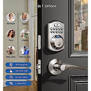 Veise Fingerprint Door Lock with 2 Lever Handles - Keyless Entry Door Lock, Electronic Keypad Deadbolt & Front Door Lock Handle Sets, Auto Lock & 1 Touch Locking, Easy Installation, Satin Nickel
