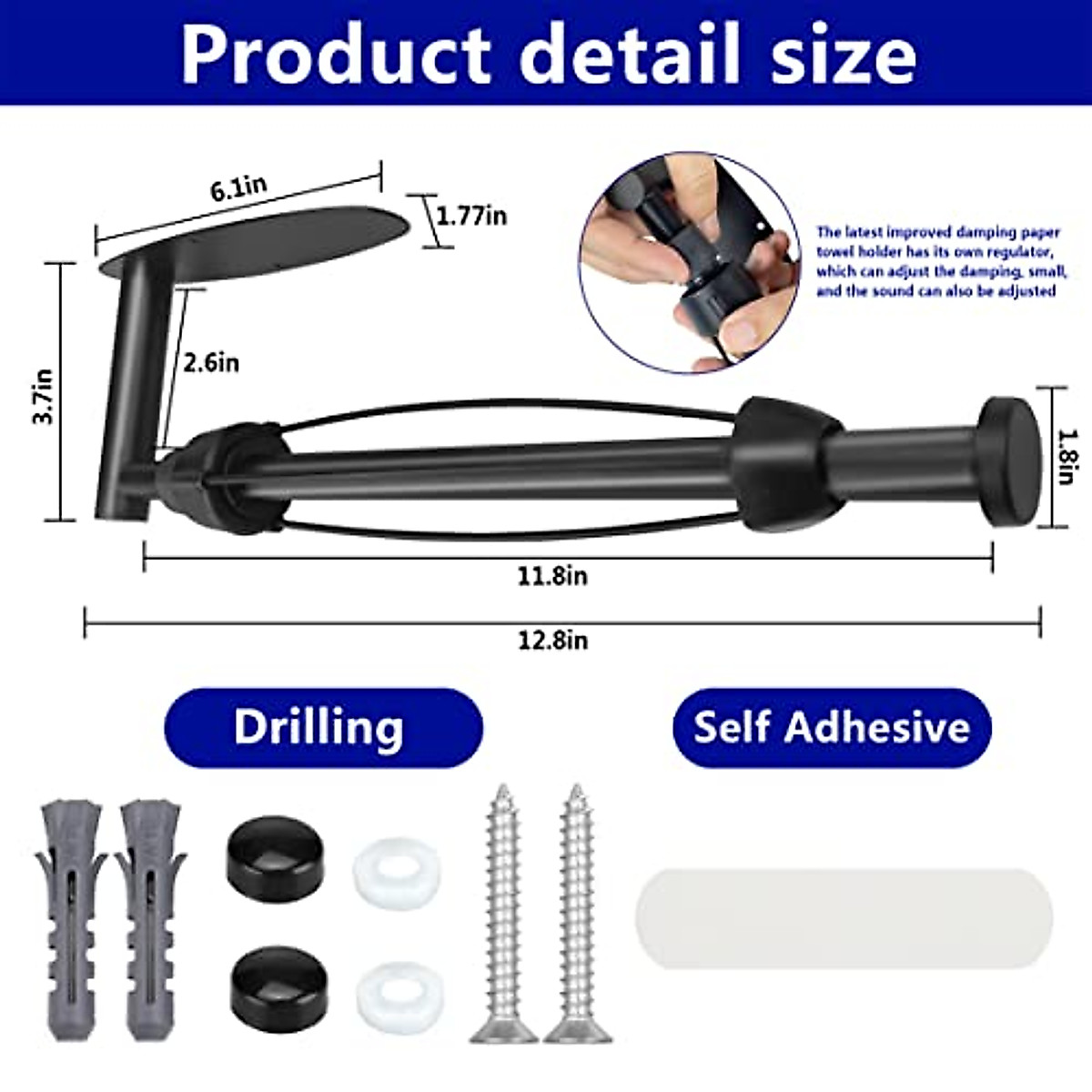 TAMHUYEO Paper Towel Holder,Adjustable Easy Tear Wall Mount Paper Towel Holder Under Cabinet with Damping,Effect for Kitchen Bathroom(Black)