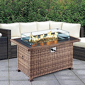 GYUTEI Propane Fire Pit Table 50 Inch Gas Fire Pit Table 50,000 BTU with Glass Wind Guard Auto-Ignition with CSA Certification Waterproof Cover Fire Pit for Outdoor(Light Brown) (Light Brown)