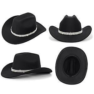 Five Rows Rhinestones-Cowboy-Cowgirl-Hat - Roll Wide Brim Western-Hat for Wedding Music Costume Party (Fit for M-L) Black