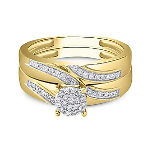 Triostar 14K Yellow Two Tone Gold Plated Round CZ Diamond Halo Circle Trio Three Ring Set Matching His and Hers Engagement Ring & Wedding Bands Women's Size 9 & Men's Size 11