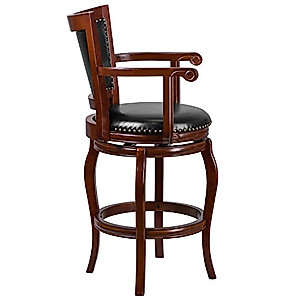 Flash Furniture Vestina 30" LeatherSoft Barstool with Footrest and Arms, Classic Ladder Back Upholstered Bar Height Stool, Cherry Wood/Black