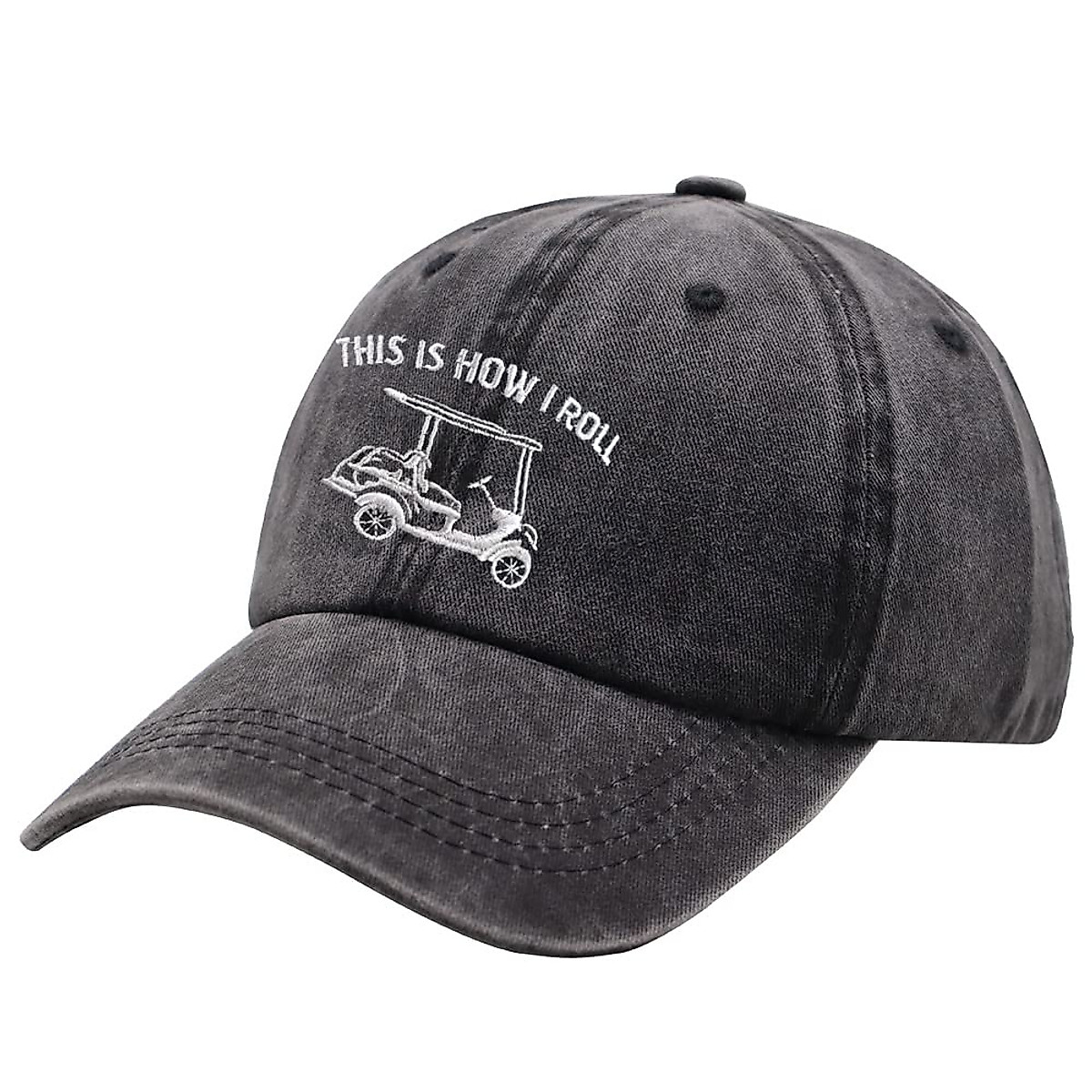 Kamaple This is How I Roll Golf Cart Hat, Funny Golfers Adjustable Cotton Denim Baseball Cap for Men & Women (Embroidered Black, One Size)