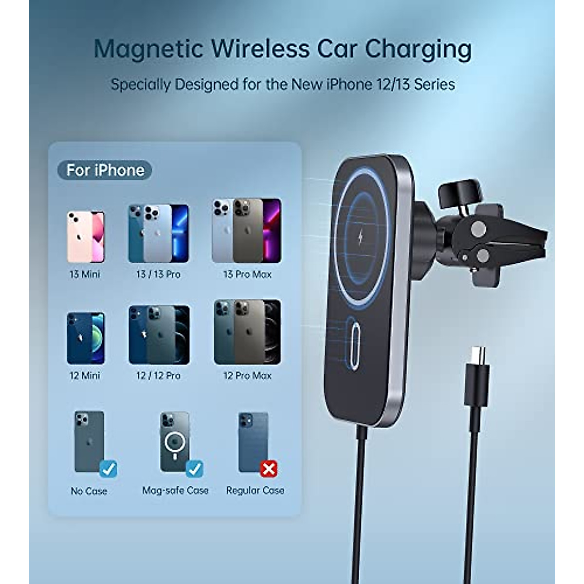 Magnetic Wireless Car Charger, 360°Adjustable Magnetic Air Vent Mount Compatible with MagSafe Car Charger, Compatible with iPhone 14/13/12 Pro Max Plus Mini(Caseless), Mag Safe Case(with Car Adapter)