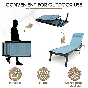 WOAJN Aluminum Patio Chaise Lounge Chair Set of 2,5-Position Adjustable Backrest,Foldable Lounge Chair Outdoor,Pool Lounge Chairs for Poolside,Lawn,Deck,Beach,Blue