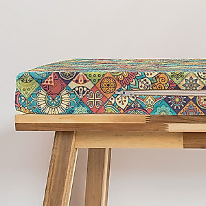 Ambesonne Bohemian Bench Pad, Geometric Pattern with Ornamental Floral Folk Art Abstract, Standard Size HR Foam Cushion with Decorative Fabric Cover, 45" x 15" x 2", Cadet Blue
