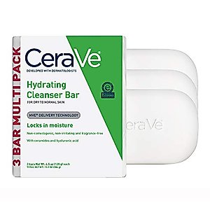 CeraVe Hydrating Cleanser Bar | Soap-Free Body and Facial Cleanser with 5% Cerave Moisturizing Cream | Fragrance-Free | 3-Pack, 4.5 Ounce Each