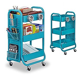 DESIGNA Heavy Duty 3-Tier Metal Rolling Cart,Utility Storage Cart With DIY Pegboard,Craft Art Carts Trolley Organizer with Handle and Extra Office Storage Accessories for Kitchen Office Home,Turquoise