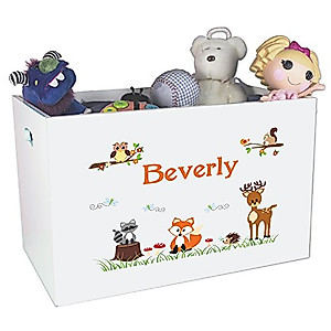 My Bambino Personalized Woodland Animals Toy Box for Children Custom White Wooden Forest Theme for Kids Bin Child Safe with No Lid Storage Playroom Nursery Kids