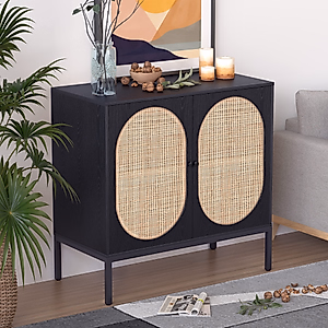 63" W Black Large Rattan Cabinet, Sideboard Buffet Cabinet with Natural Rattan Hand-Woven Doors, Accent Buffet Console Storage Credenza, for Living Room Hallway Kitchen, Metal Legs, Natural-2 Pieces