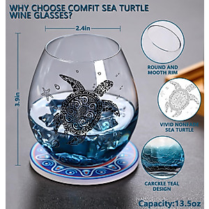 Physkoa Sea turtle wine glass- 13.5OZ Crackle Teal Design, sea turtle gifts for women,Turtle Gifts，Birthday gifts for women（Single）