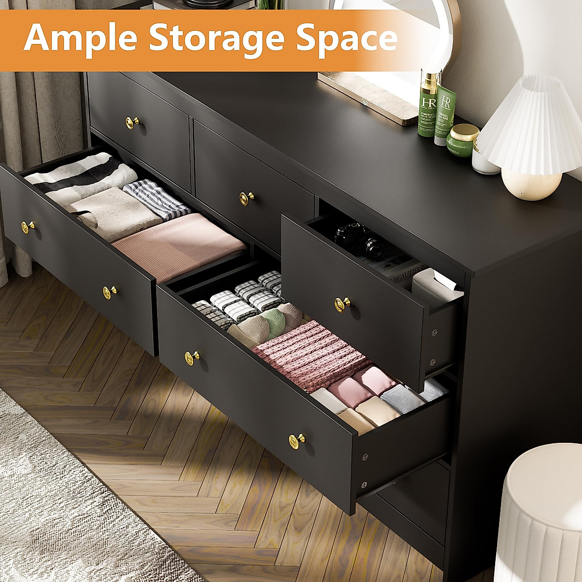 55'' Black Dresser for Bedroom, 7 Deep Drawer Large Wood Dresser with Gold Handles, Modern Wide Storage Dressers & Chests of Drawers for Entryway, Hallway