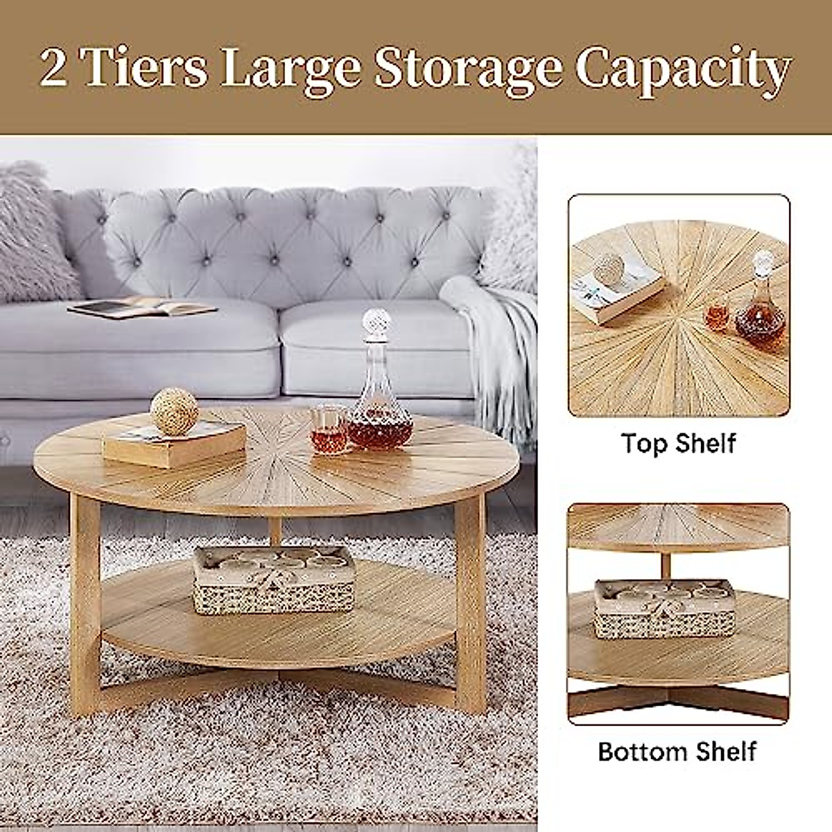 DS-HOMEPORT Round Coffee Tables Living Room with Storage, Wood Circle Coffee Table Suit for Farmhouse and Bedroom, Natural Wood
