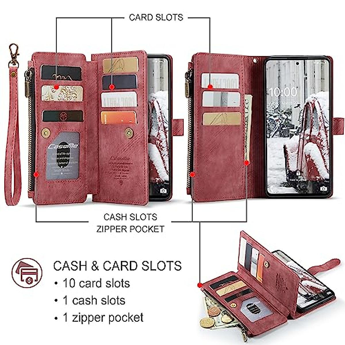 SLLMYYX Wallet Case Compatible with Samsung Galaxy S9 Plus, Luxury PU Leather Handbag Zipper Pocket Case 10 Card Slots and Wrist Strap (Red)