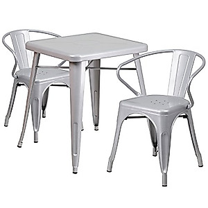 EMMA + OLIVER Commercial 23.75" Square Silver Metal Indoor-Outdoor Table Set-2 Arm Chairs