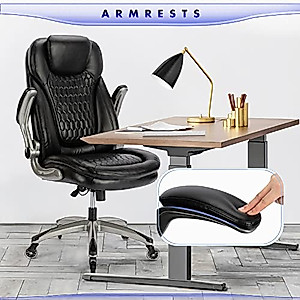 COLAMY Office Chair-Ergonomic Computer Desk Chair with Thick Seat for Comfort, High Back Executive Chair with Padded Flip-up Arms, Stylish Leather Chair with Upgraded Caster for Swivel (Black, 300lbs)