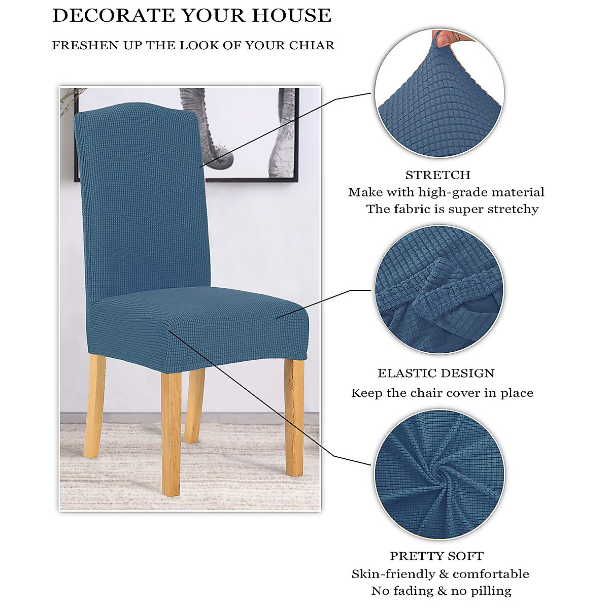 TIANSHU Stretch Chair Covers for Dining Room Set of 2, Dining Room Chair Covers for Home Decor, Removable Dining Chair Cover Non-Slip Kitchen Chair Cover Parson Chair Slipcover (2 Pack, Denim Blue)