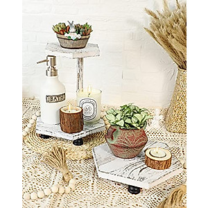 Tikea Hexagonal Wood Riser for Display, 2-Tier Farmhouse Wood Pedestal Stand for Kitchen Bathroom Counter Decor, Decorative Tray for Soap Dispenser, Candle and Plant