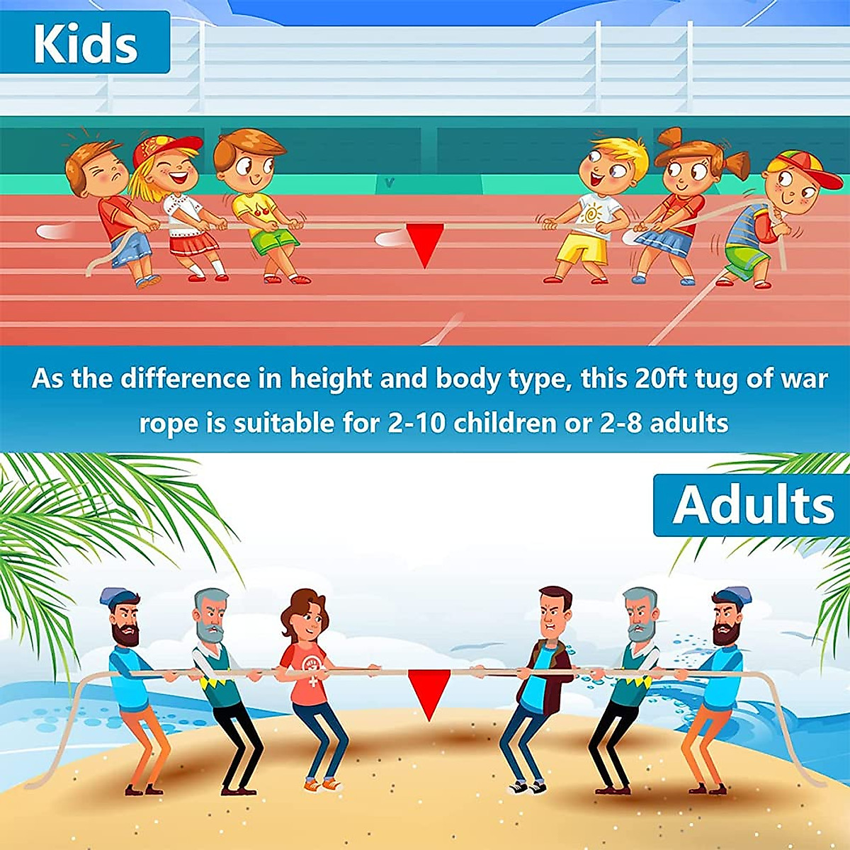 X XBEN Tug of War Rope with Flag for Kids, Teens and Adults, Soft Polypropylene Rope Games for Team Building Activities, Family Reunion, Birthday Party-15 ft,55 ft,110 ft (White, 15 Feet)