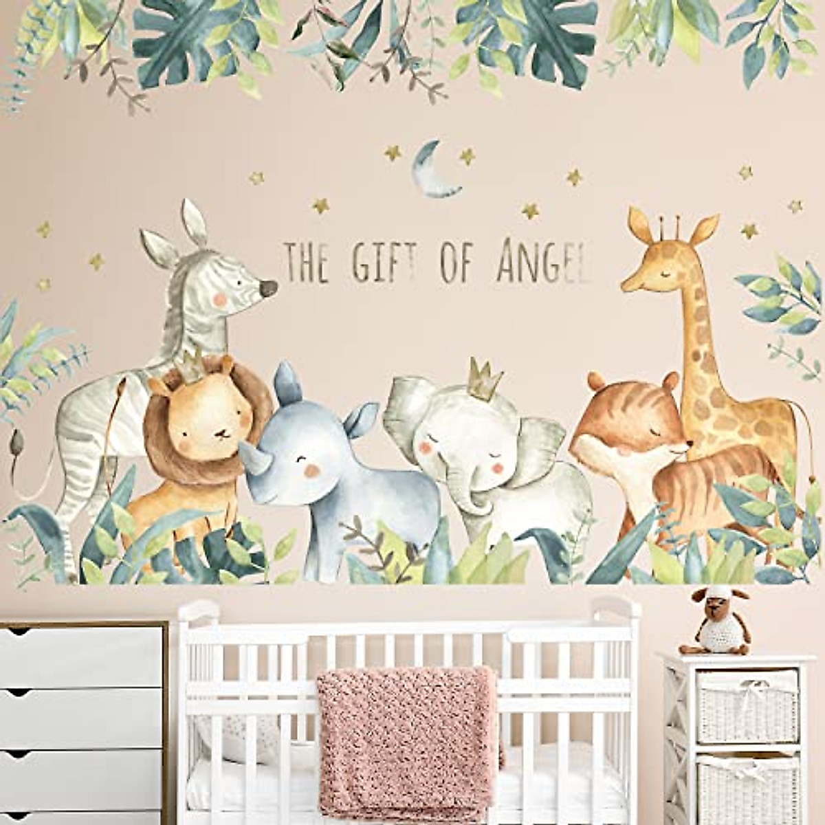 Animals Wall Sticker Green Leaves Wall Decal Cute Elephant Giraffe Zebra Wall Decals Cartoon Moon Stars Wall Mural for Nursery Kids Room