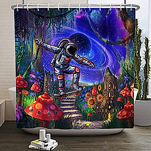 NTETSN Astronaut Fantasy Space Mushroom Fabric 4 PCS Shower Curtain Sets Universe Planet House Castle Green Vine Curtains Sets with Rugs, Toilet Lid Cover, Bath Mat Bathroom Decor SETYYNT7